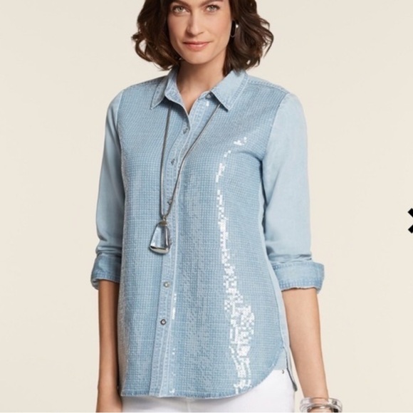 Chico's | Tops | Chicos Sequin Long Sleeve Chambray Button Up Shirt ...